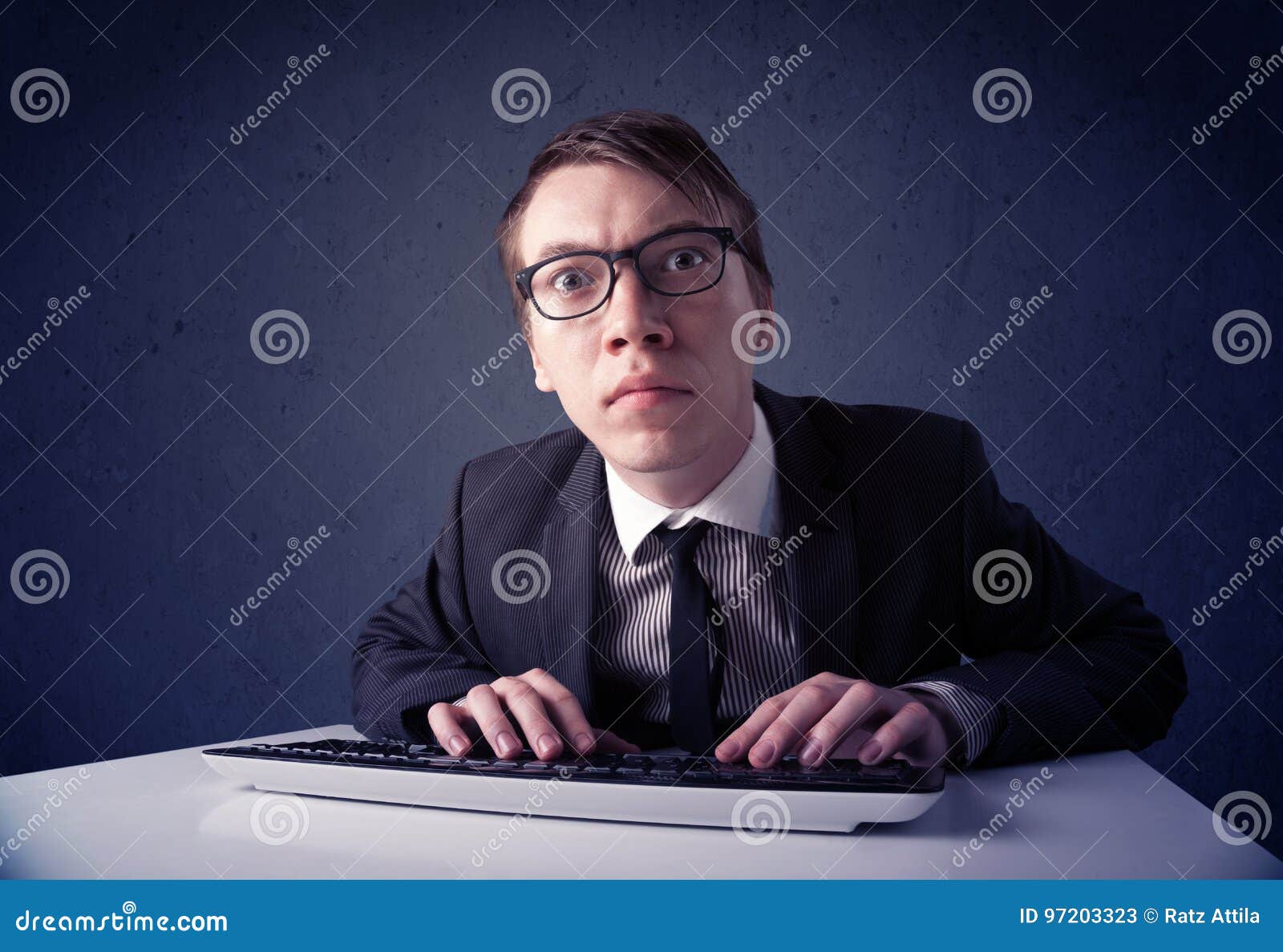 Hacker Working with Keyboard on Blue Background Stock Image - Image of ...