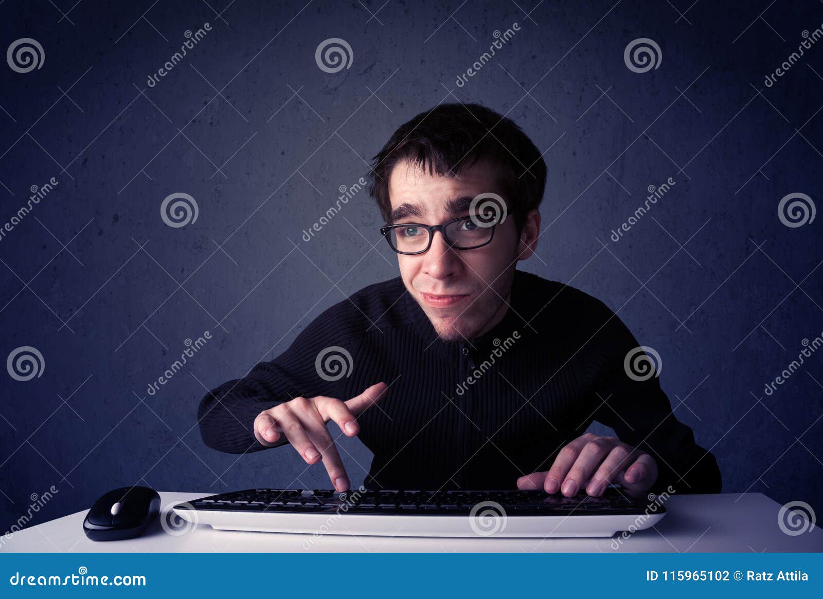 Hacker Working with Keyboard on Blue Background Stock Photo - Image of ...