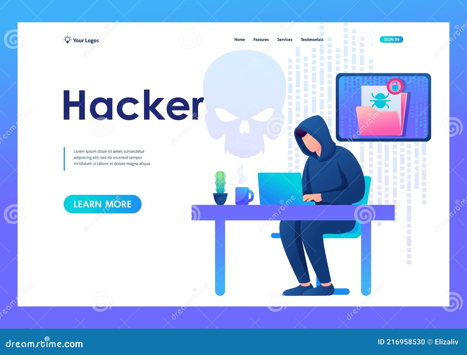 Hacker Working on a Laptop, Cyber Fraud, Email Hacking. Flat 2D Landing ...