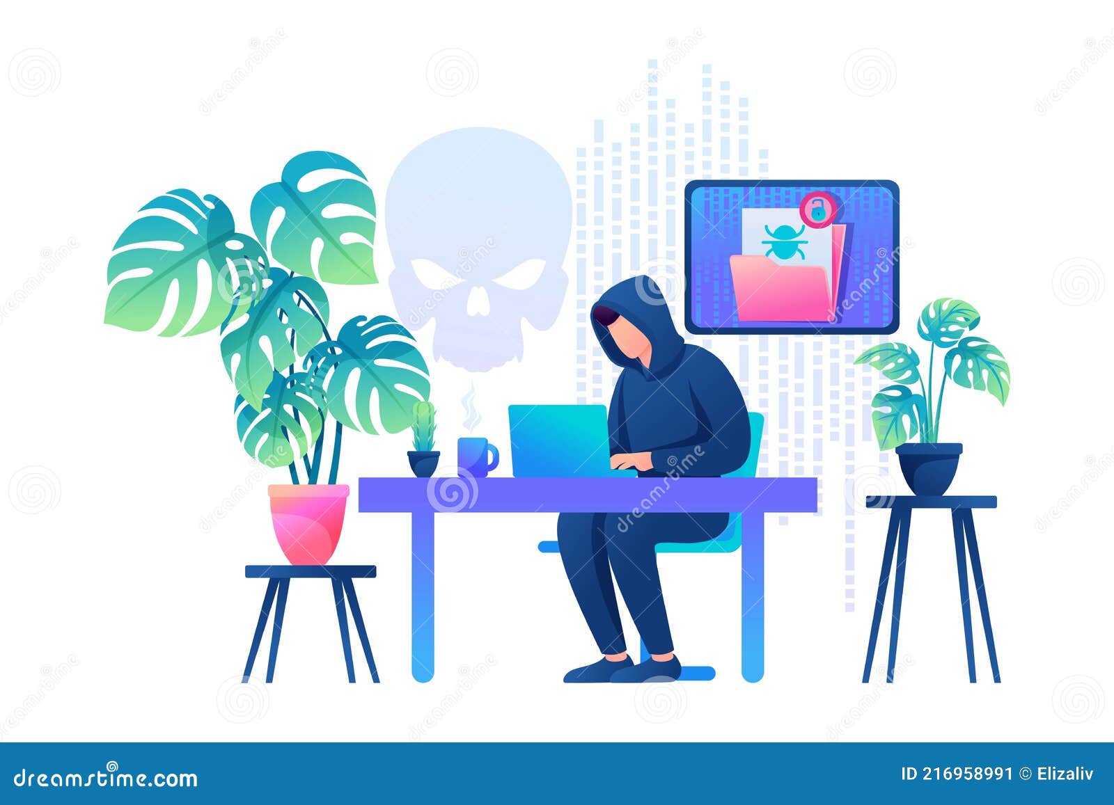 Hacker Working on a Laptop, Cyber Fraud, Email Hacking. Flat 2D Web ...