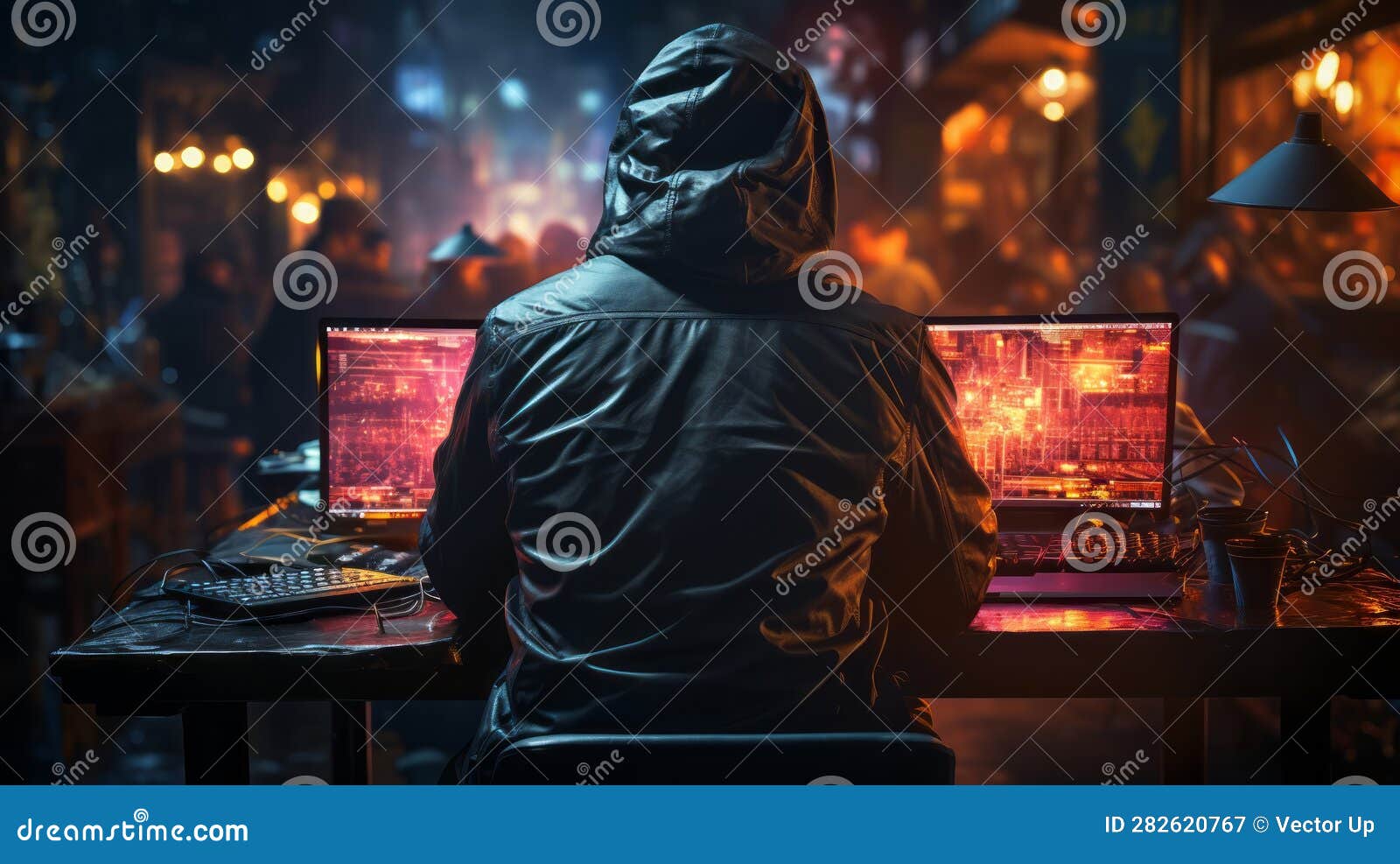 Hacker Working with Laptop in Dark Room Back. Generative AI. Stock ...