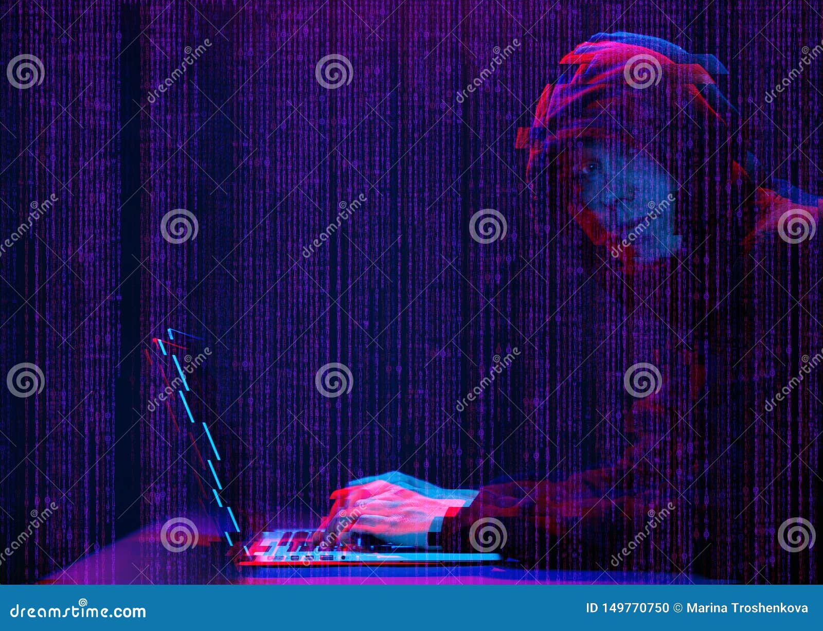 Hacker Working with Laptop in Dark Room with Digital Interface Around ...