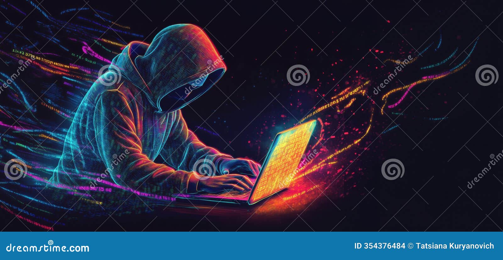 Hacker Working on Laptop, Neon Digital Effects, Dark Background, Coding ...