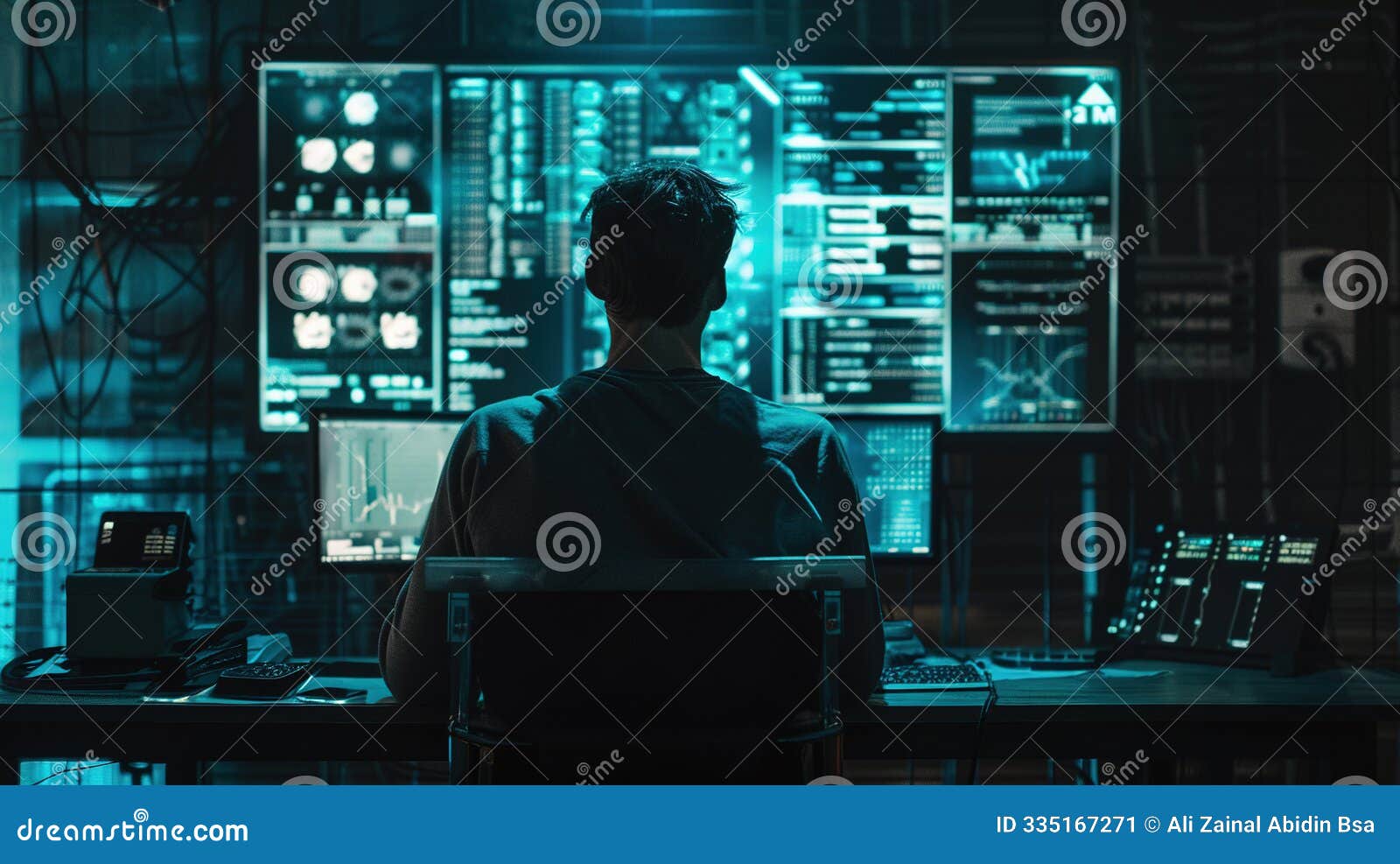 Cybersecurity Specialist Burning Midnight Oil Stock Illustration - Illustration of person ...