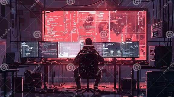 A Hacker Works Diligently at a Desk, Using Multiple Screens To Navigate ...