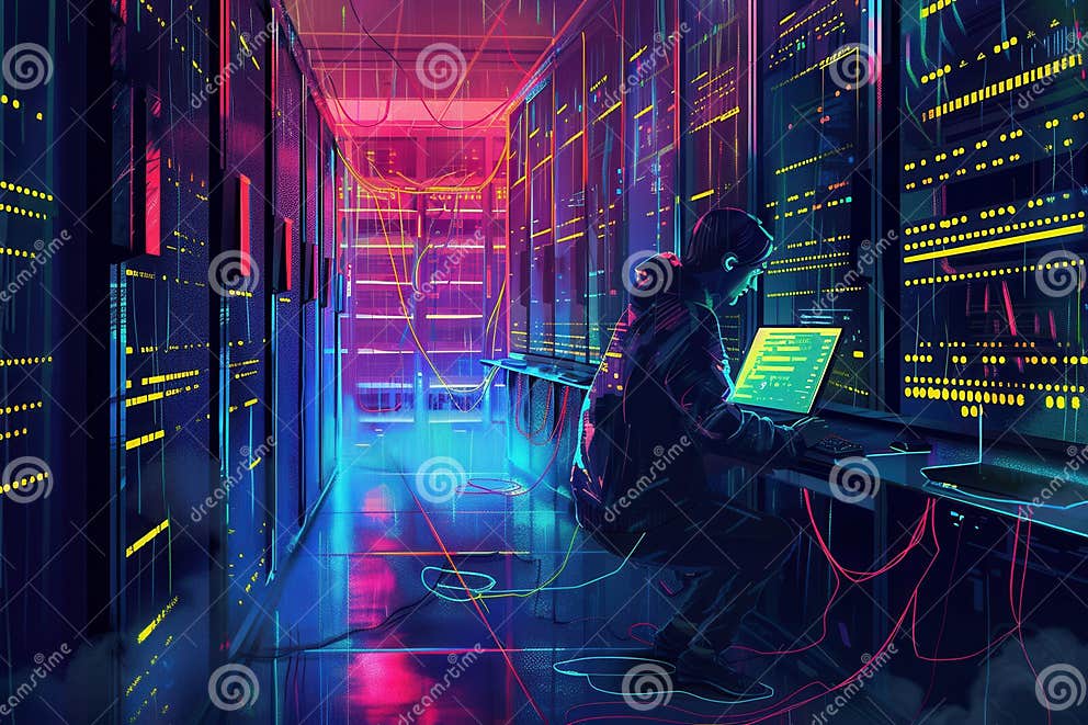 A Hacker Works Intently on a Computer Surrounded by Glowing Servers and ...