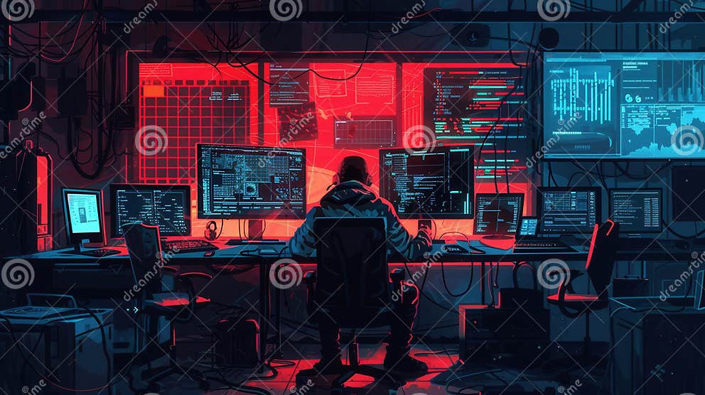 A Hacker Works Intently at a Desk, Illuminated by the Glow of Multiple ...