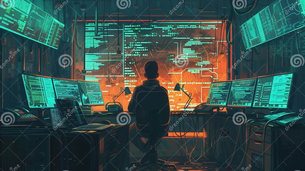 A Hacker Works Intently at a Desk, Monitoring Multiple Glowing Computer Screens in a Dark and ...