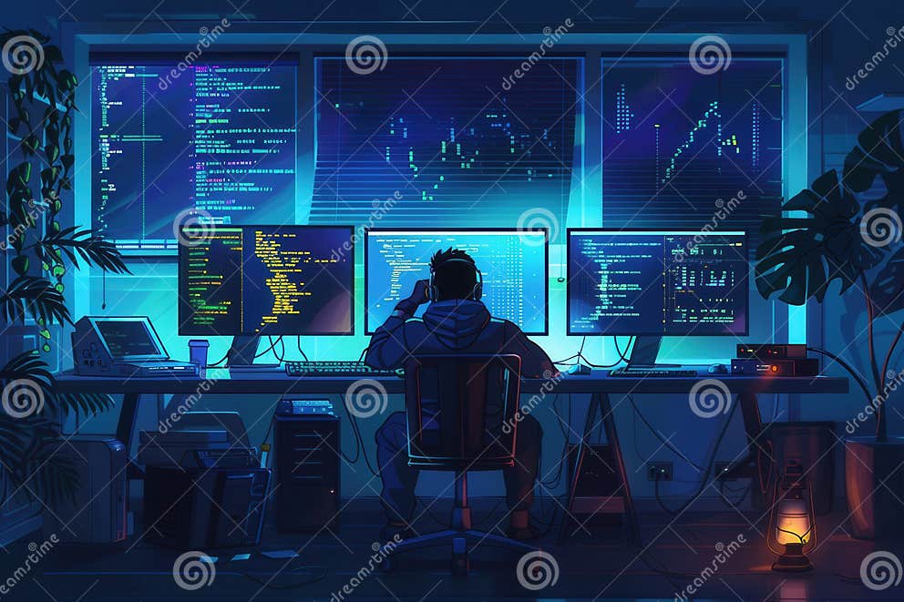 A Hacker Works Intently at a Desk, Surrounded by Glowing Computer Screens Displaying Coding and ...