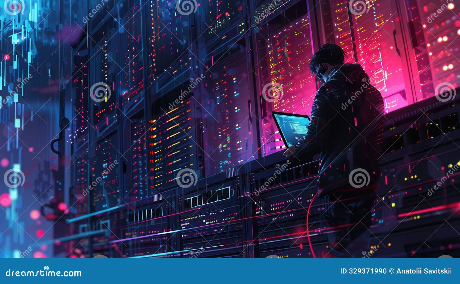 A Hacker Works Intently with a Laptop Inside a Dimly Lit Server Room ...