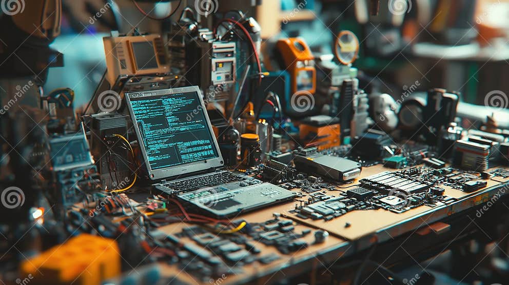 Hacker Workspace with Advanced Tools and Gadgets Tech Lab Close-up ...