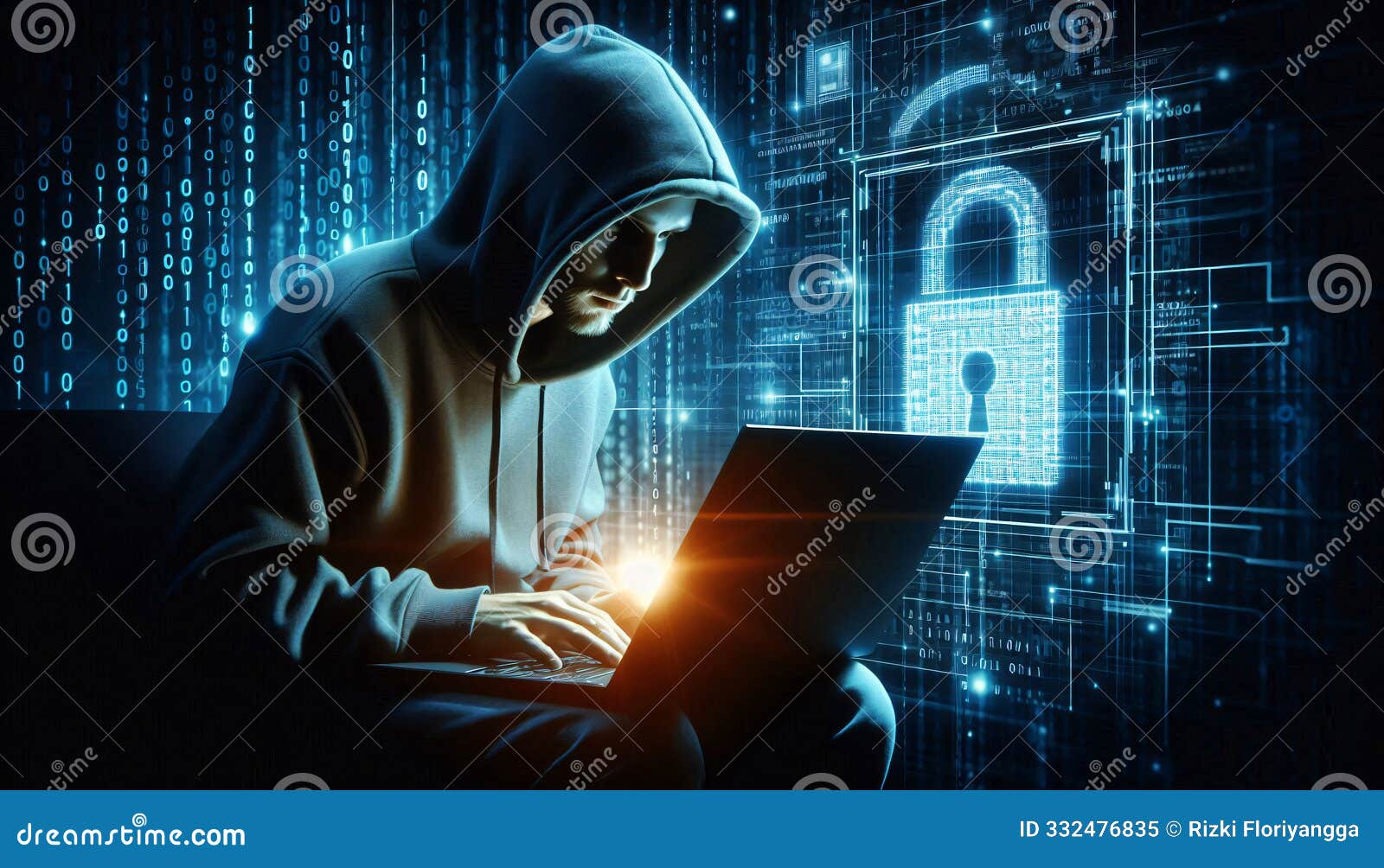 Hacker at a Workstation, Typing on a Laptop with a Backdrop of Binary ...