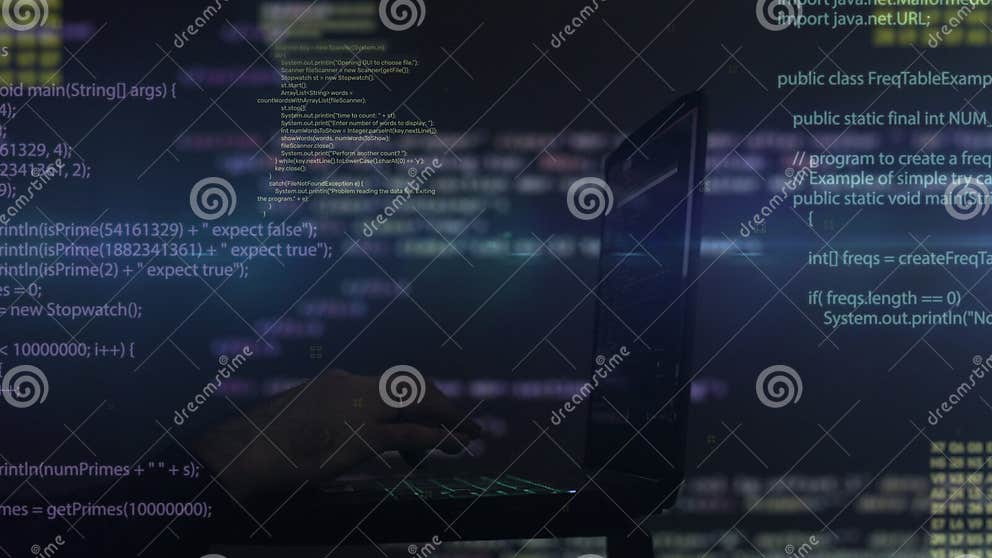 Hacker Writing Code Cracking Computer. Programming Code in the ...