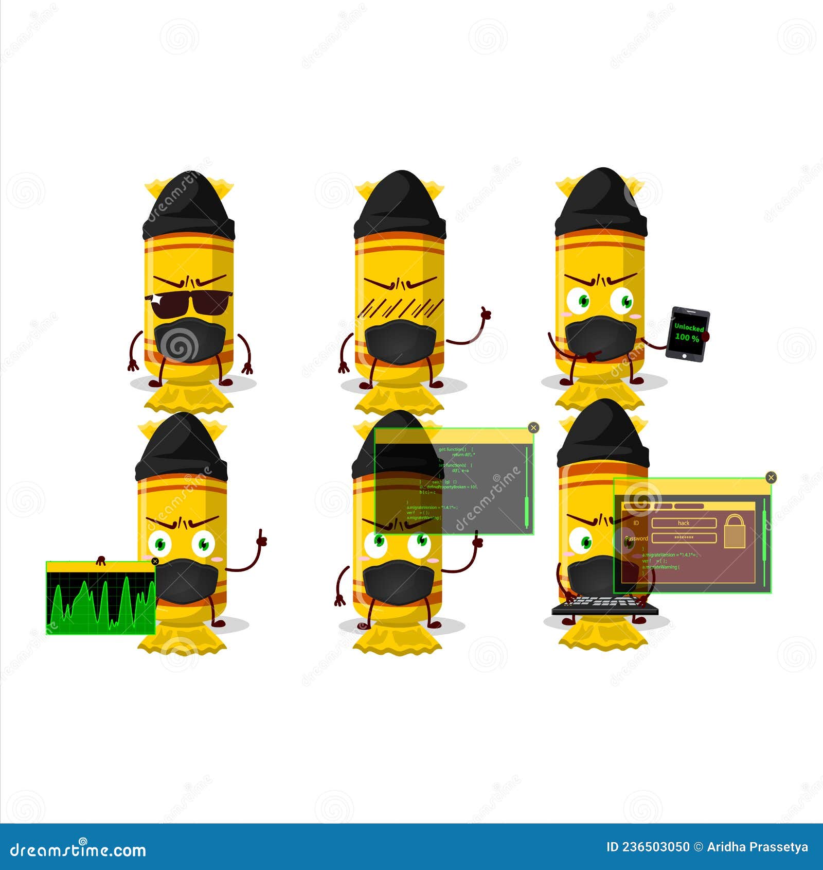 A Hacker Yellow Long Candy Package Character Mascot with Stock Vector ...