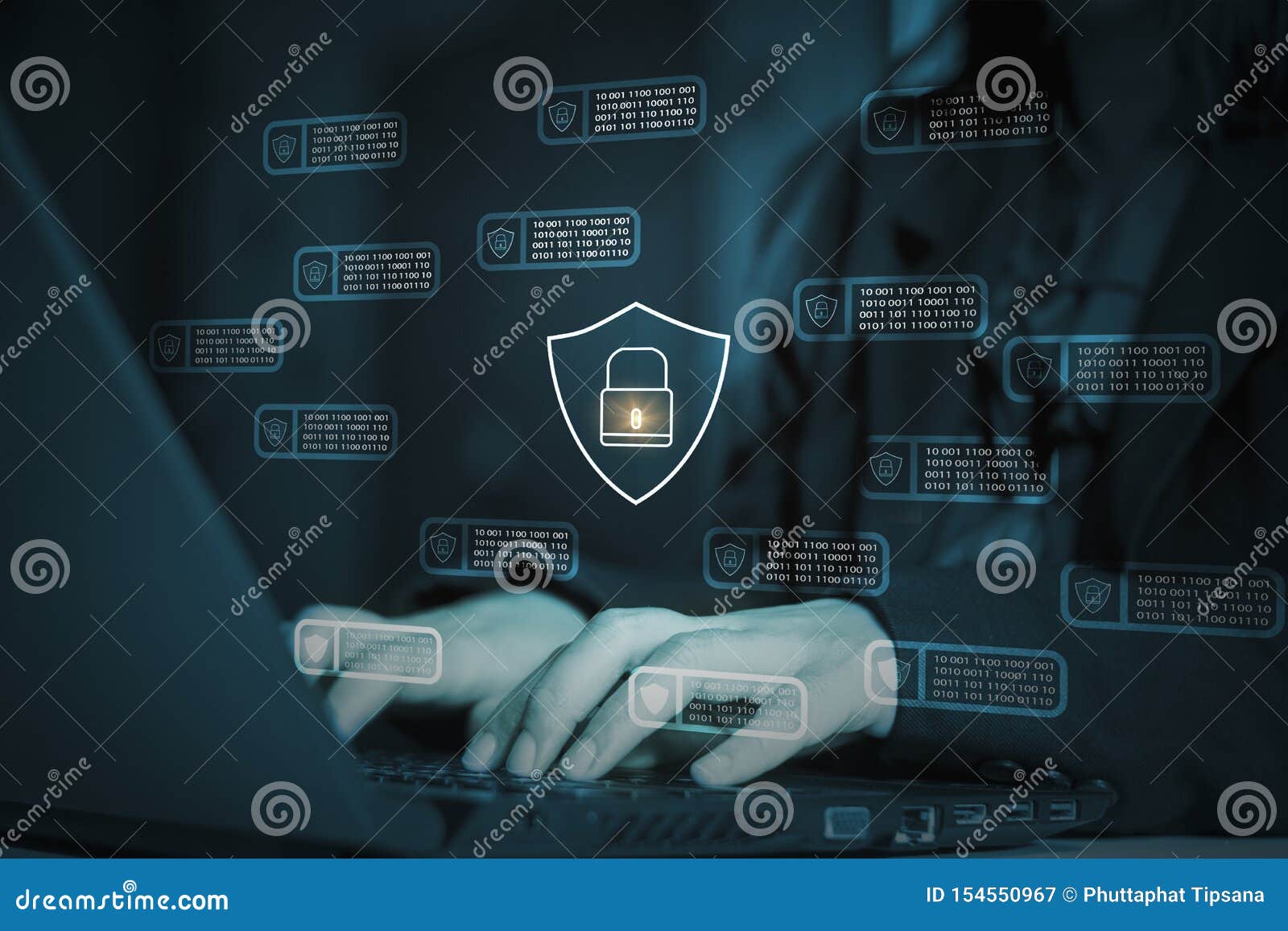 Hackers Attack Laptop Computer with Background Icon Binary, Shield and ...