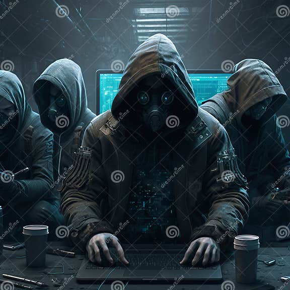 Hackers in Gas Mask Working on Laptop Created with Generative AI ...