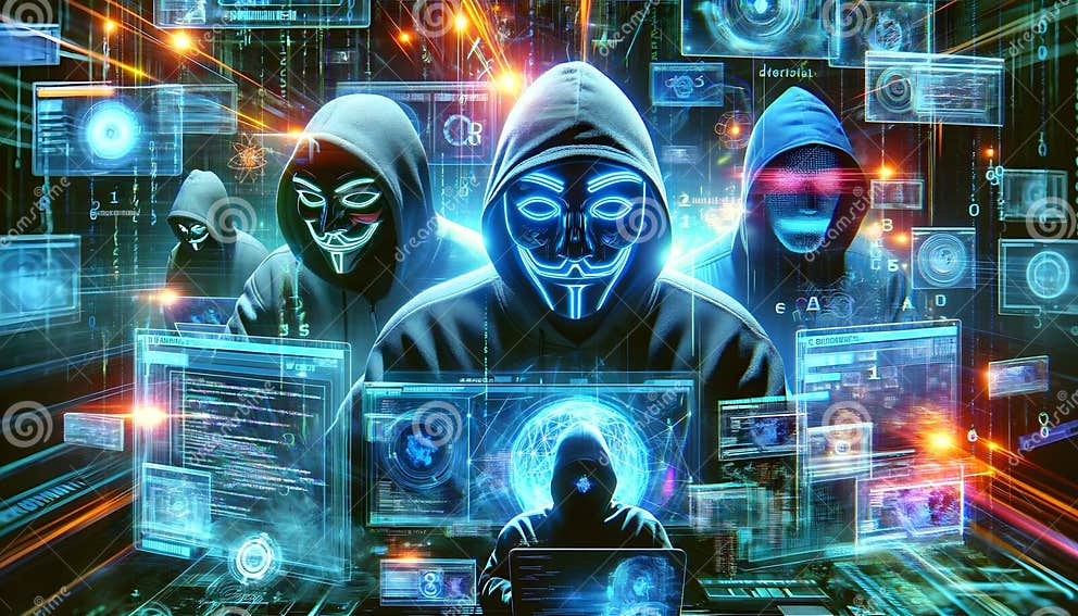 A Hackers Group Wearing Masks Hacking the Data of Users, Concept Stock ...