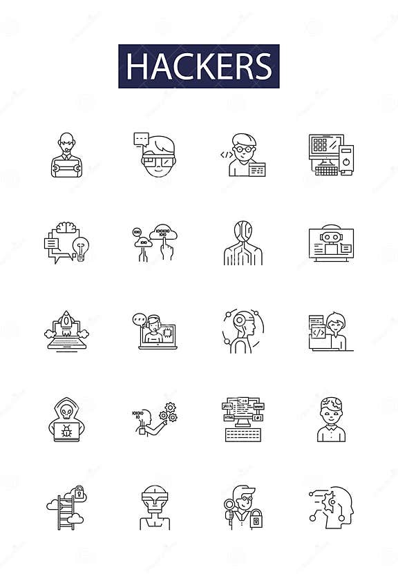 Hackers Line Vector Icons and Signs. Internet, Computer, Data, Security, Virus, Cyber, Hacking ...