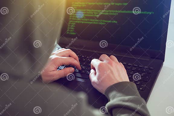 Hackers Programmer Look On Screen And Writes The Program Code Hack Information And User Account