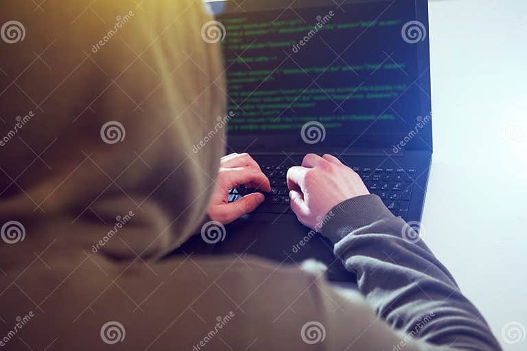 Hackers Programmer Look On Screen And Writes The Program Code Hack Information And User Account 