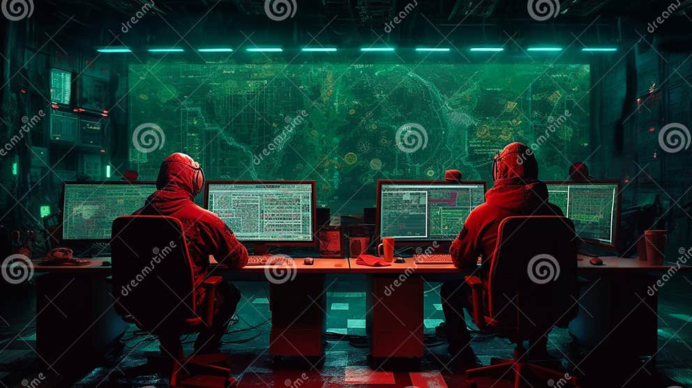 Hackers Programming Computers in Front of Several Screens Stock ...