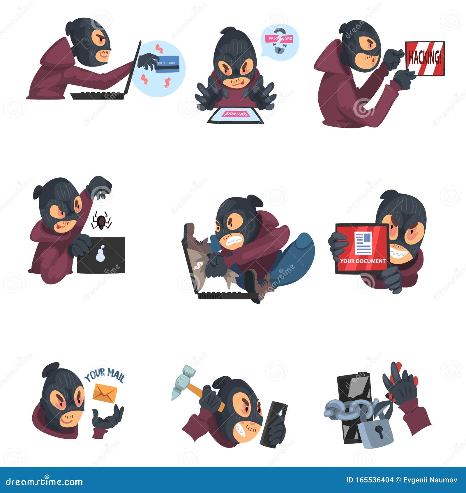 Hackers Hack Data on a Computer. Set of Vector Illustrations. Stock ...