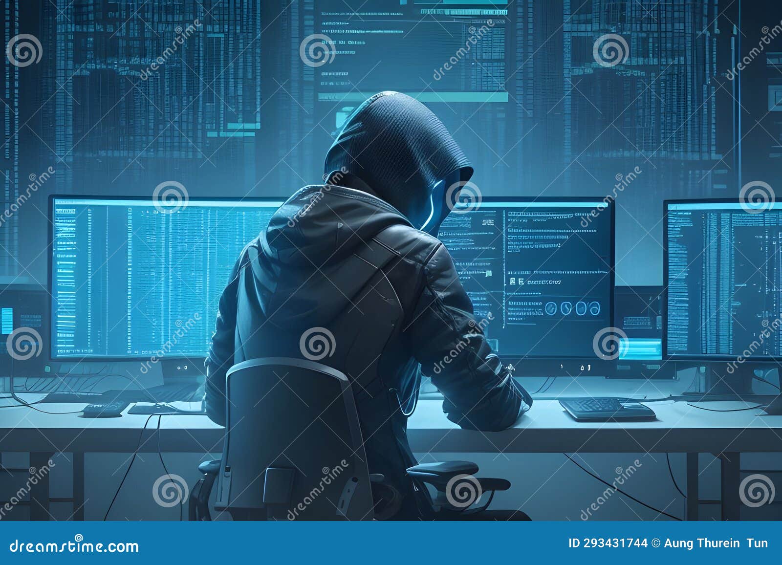 Hackers Using Laptops with Binary Codes Digital Interfaces Stock Photo ...
