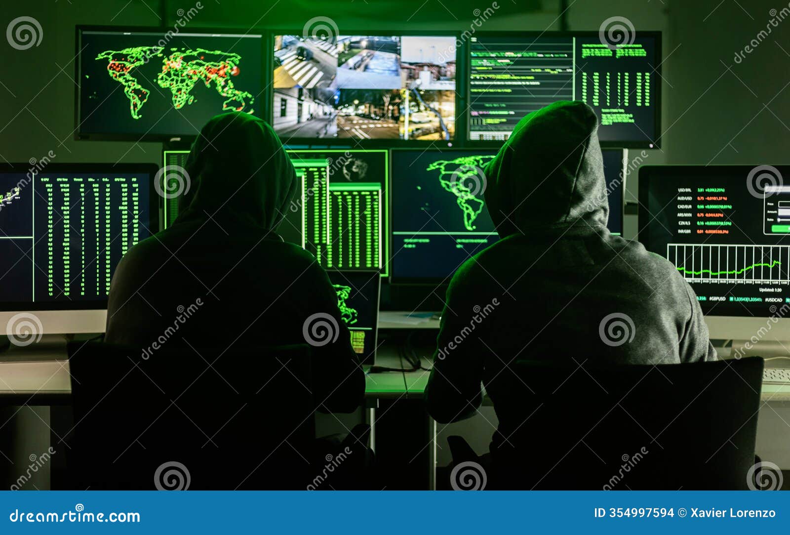 Hackers Working on Computers Showing World Maps and Security Camera ...