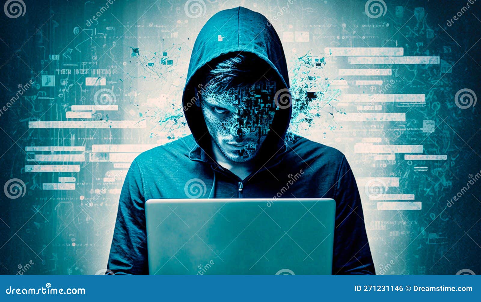 Hacking And Malware Concept Hacker Using Abstract Laptop With Binary Code Digital Interface