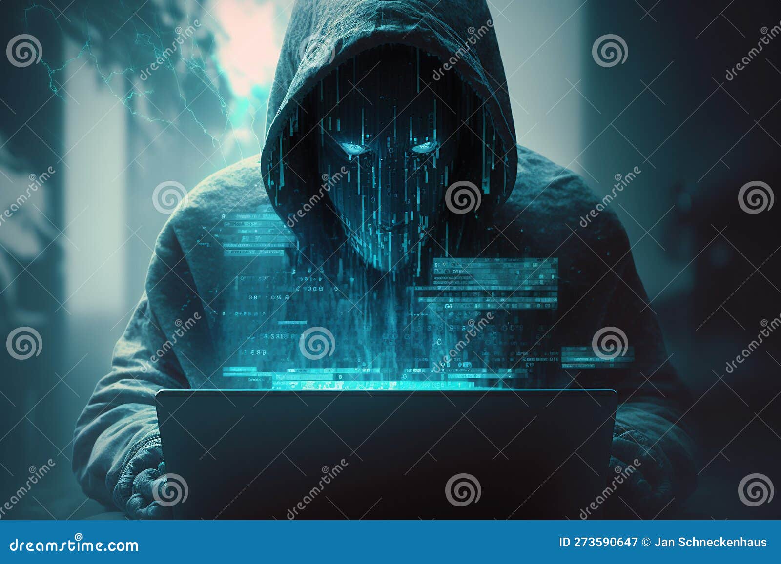 Hacking And Malware Concept Hacker Using Abstract Laptop With Binary Code Digital Interface