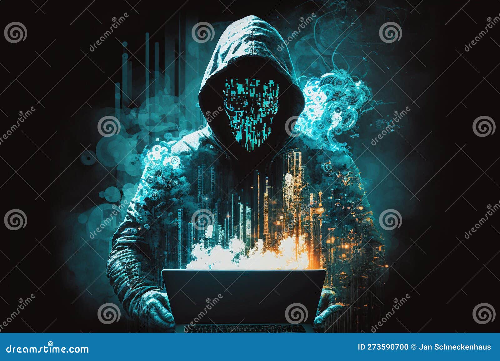 Hacking And Malware Concept Hacker Using Abstract Laptop With Binary Code Digital Interface