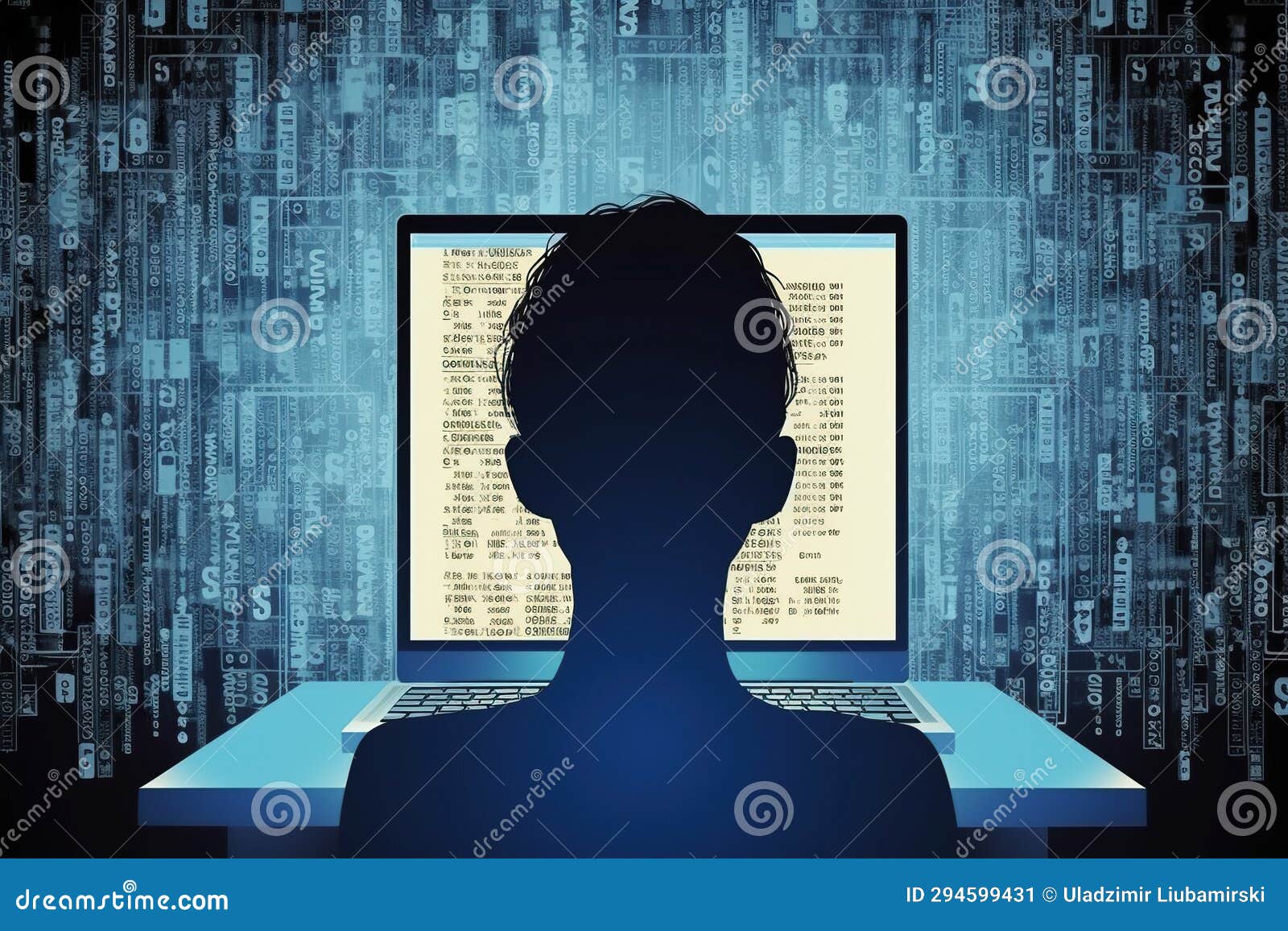 Hacking and Malware Concept. Silhouette of a Man Sitting in Front of a ...