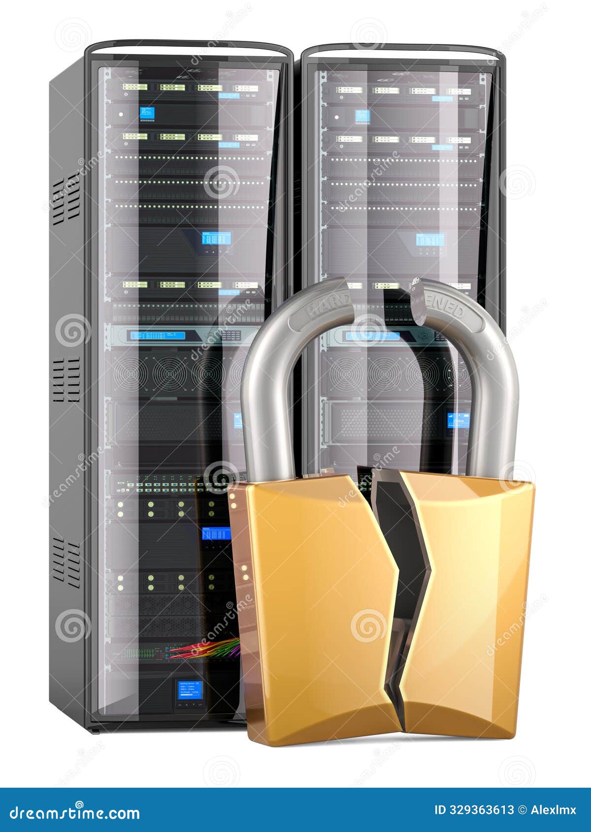 Hacking Server, Concept. Computer Server Rack with Broken Padlock, 3D ...