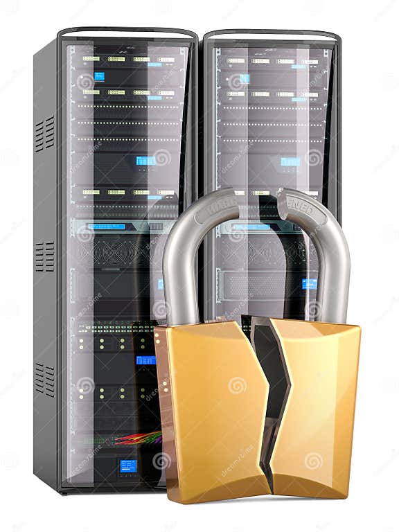 Hacking Server, Concept. Computer Server Rack with Broken Padlock, 3D ...