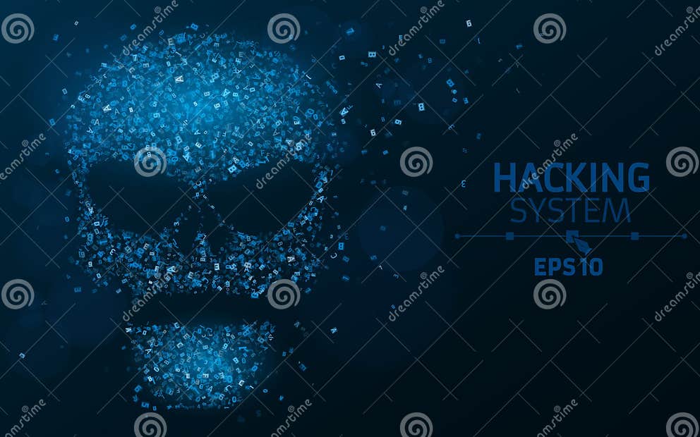 Hacking System. an Abstract, Luminous Skull of Blue Color from a Binary Code. the Data is Under ...