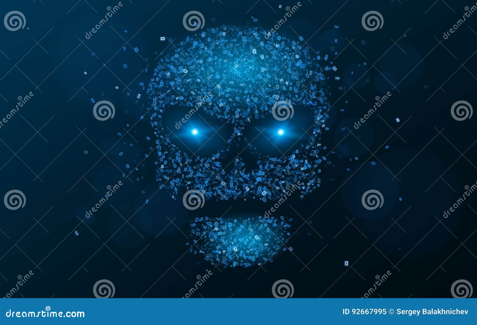 Hacking System. an Abstract, Luminous Skull of Blue Color from a Binary Code. the Data is Under ...