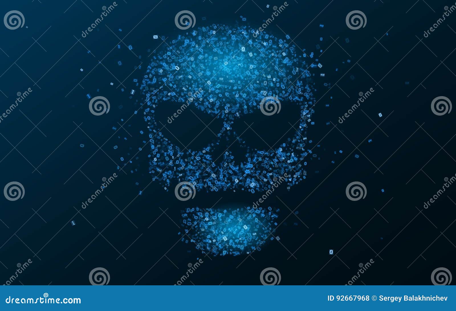 Hacking System. an Abstract, Luminous Skull of Blue Color from a Binary Code. the Data is Under ...