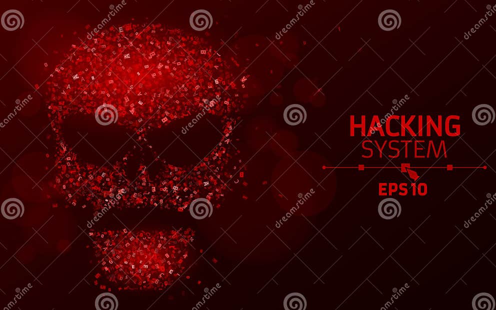 Hacking System. Abstract, Luminous Skull of Red Color from Programming Symbols. Hexadecimal ...