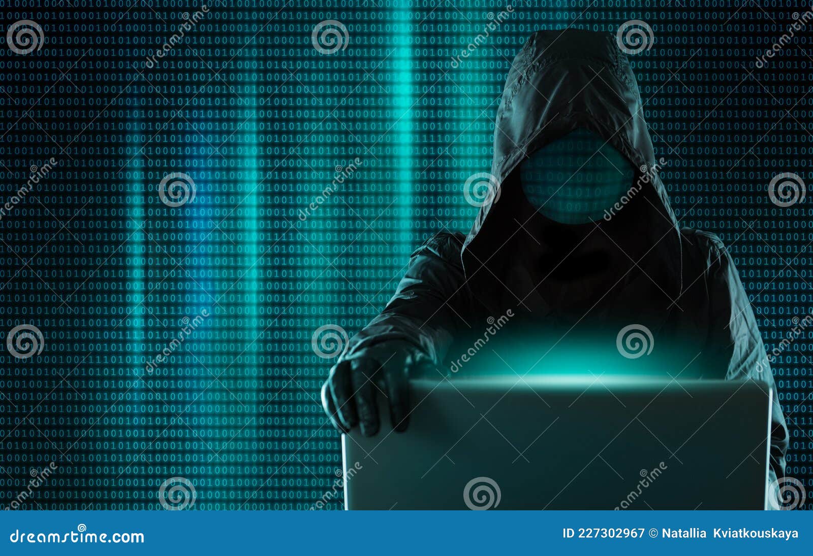Hacking System, Cybercriminal Behind a Laptop, Digital Binary Code in the Background. Hacker ...