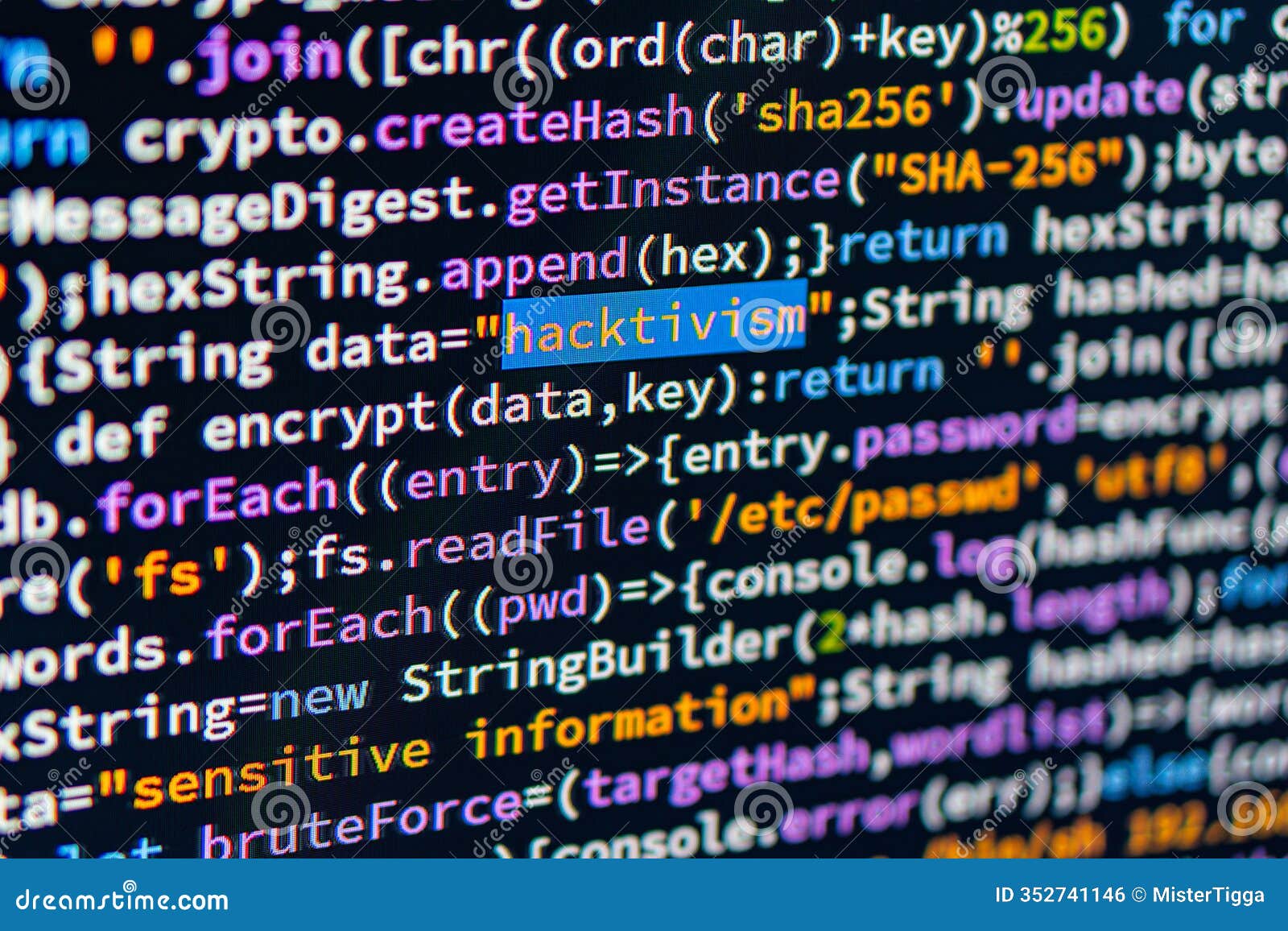 Hacktivism. Image of a Close-up Computer Monitor Screen Displaying Colorful, Stylized Code or ...