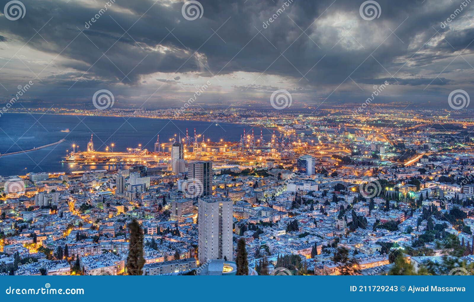 Haifa at night ,cloudy stock image. Image of vessel - 211729243