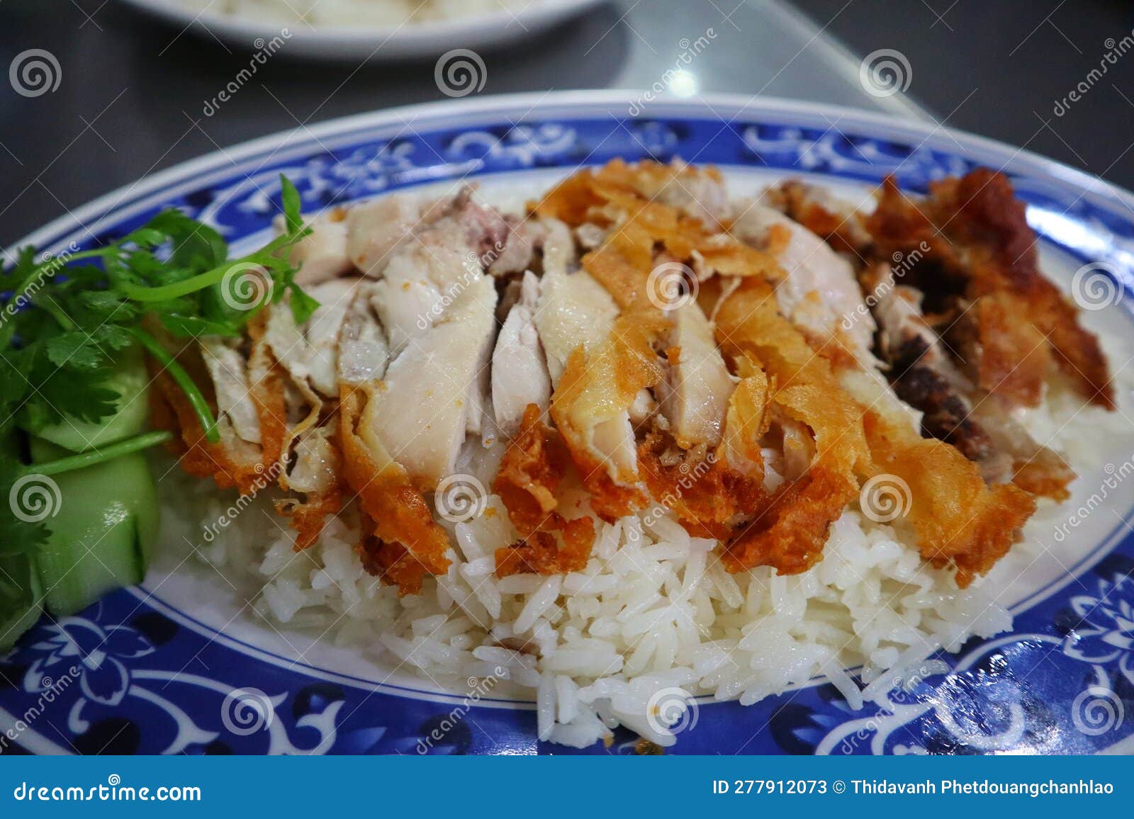 Hainanese Fried Crispy Chicken Rice on Plate Stock Image - Image of ...