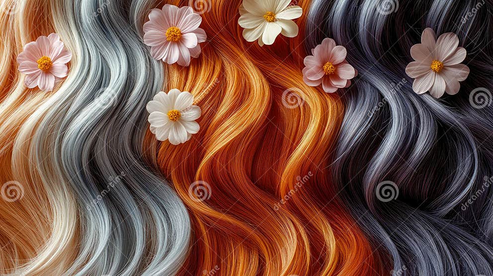 Hair Care Concept - Beautiful Colored Shiny Hair Decorated with Flowers ... Hair Care Concept - Beautiful Colored Shiny Hair Decorated with Flowers ...