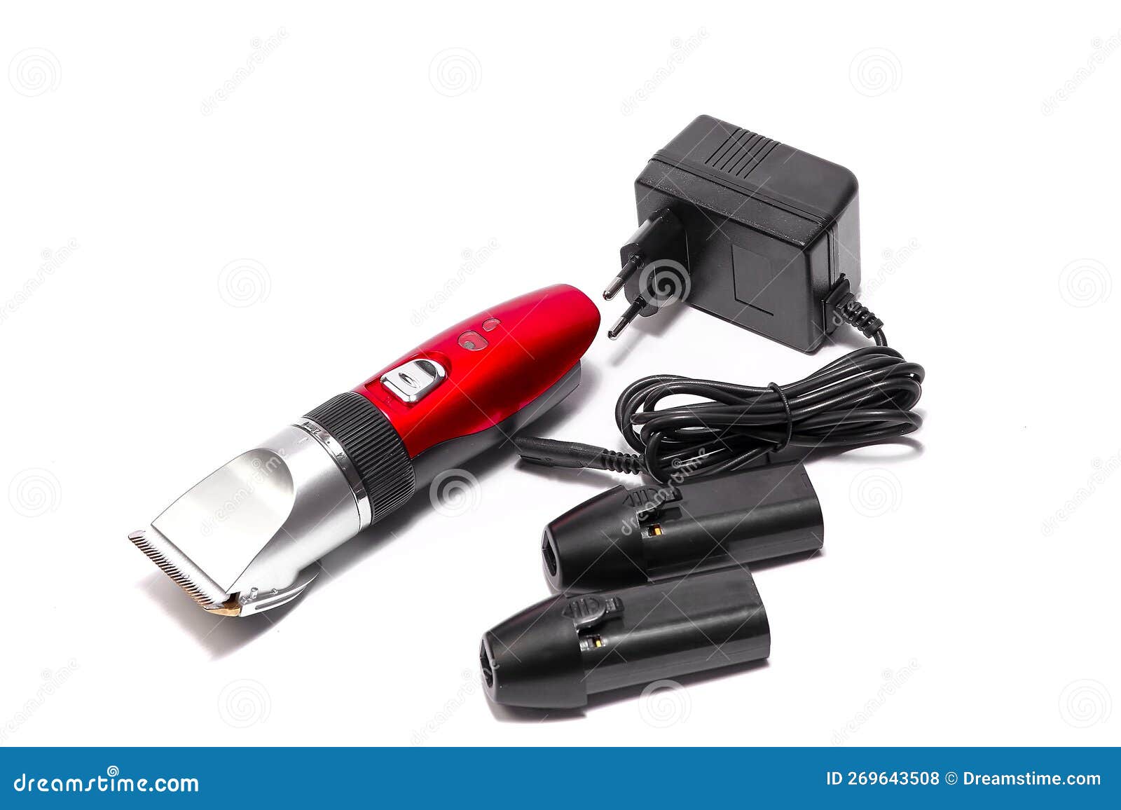 Hair Clipper, Two Replaceable Batteries, Charger on White Background ...