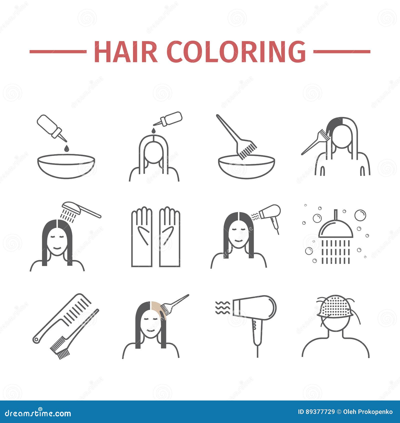 Hair Coloring. Line Icons Set Stock Vector - Illustration of drop ...