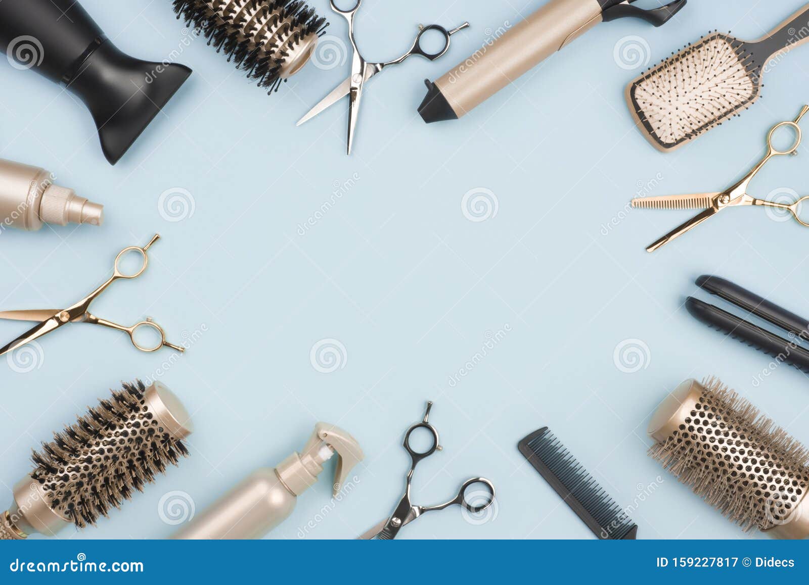 Hair Cutting Tools and Accessories on Blue Background with Space Stock ...