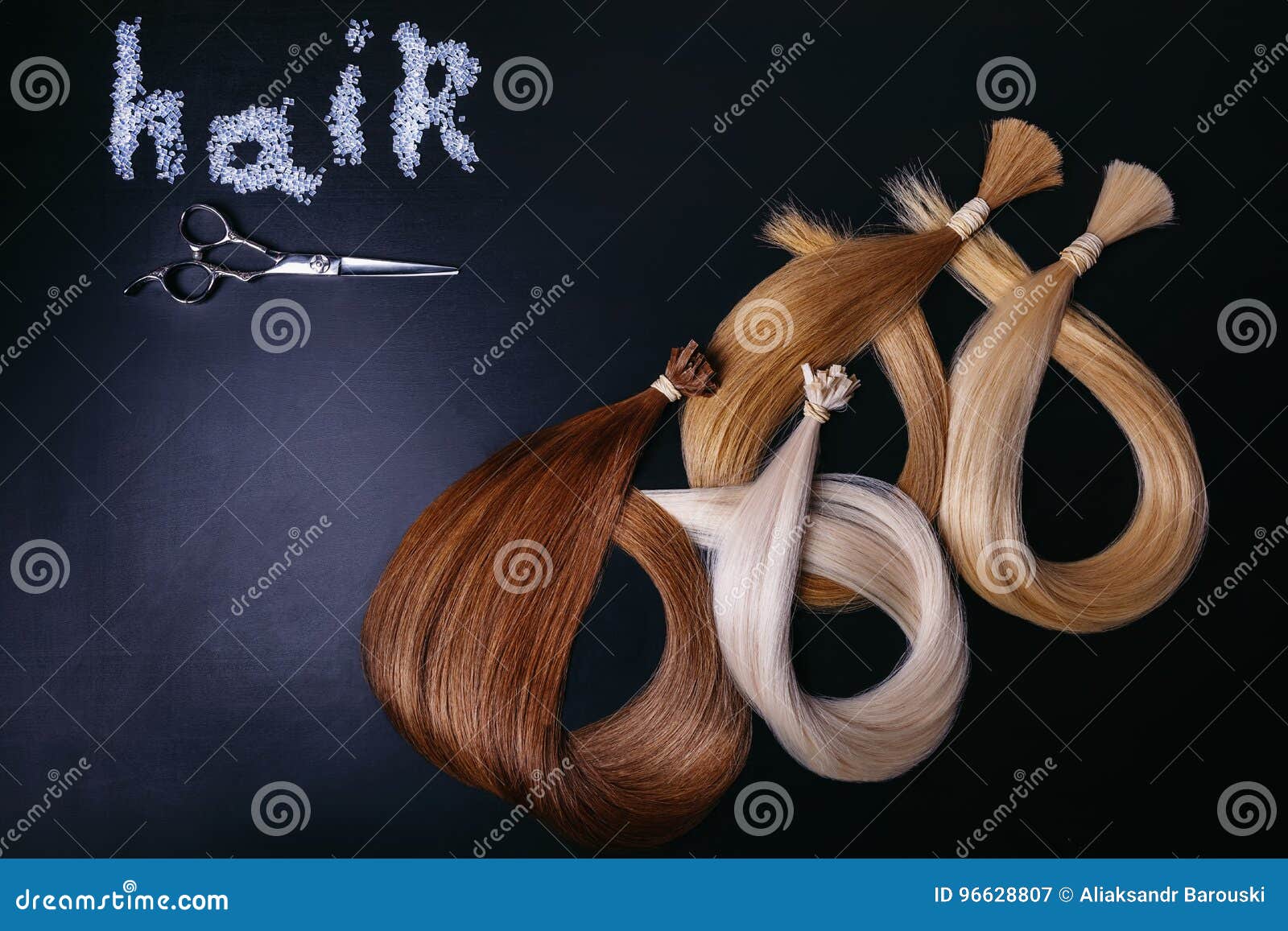 Hair Extensions of Three Colors on a Dark Background. Copyspace. Top ...