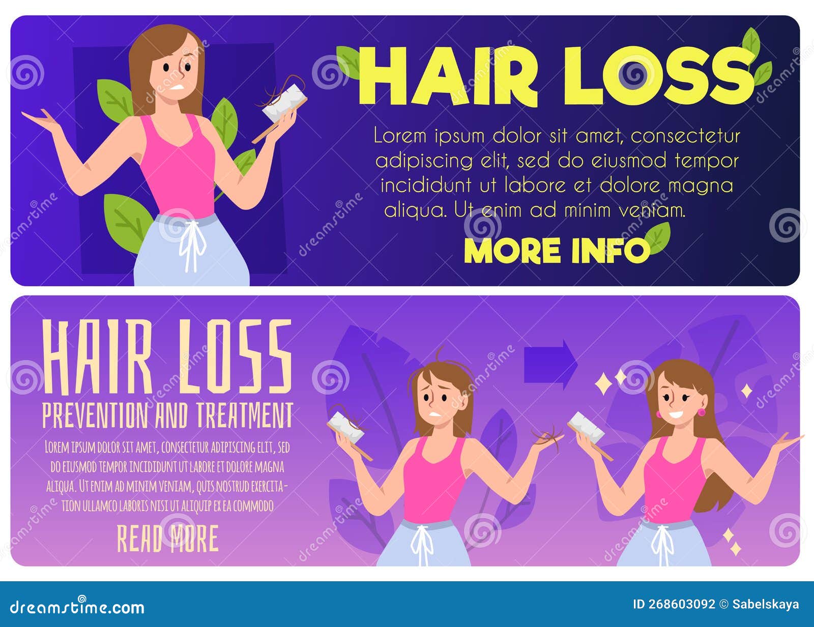 Hair Loss Or Alopecia Disease Banners Or Flyers Set Flat Vector