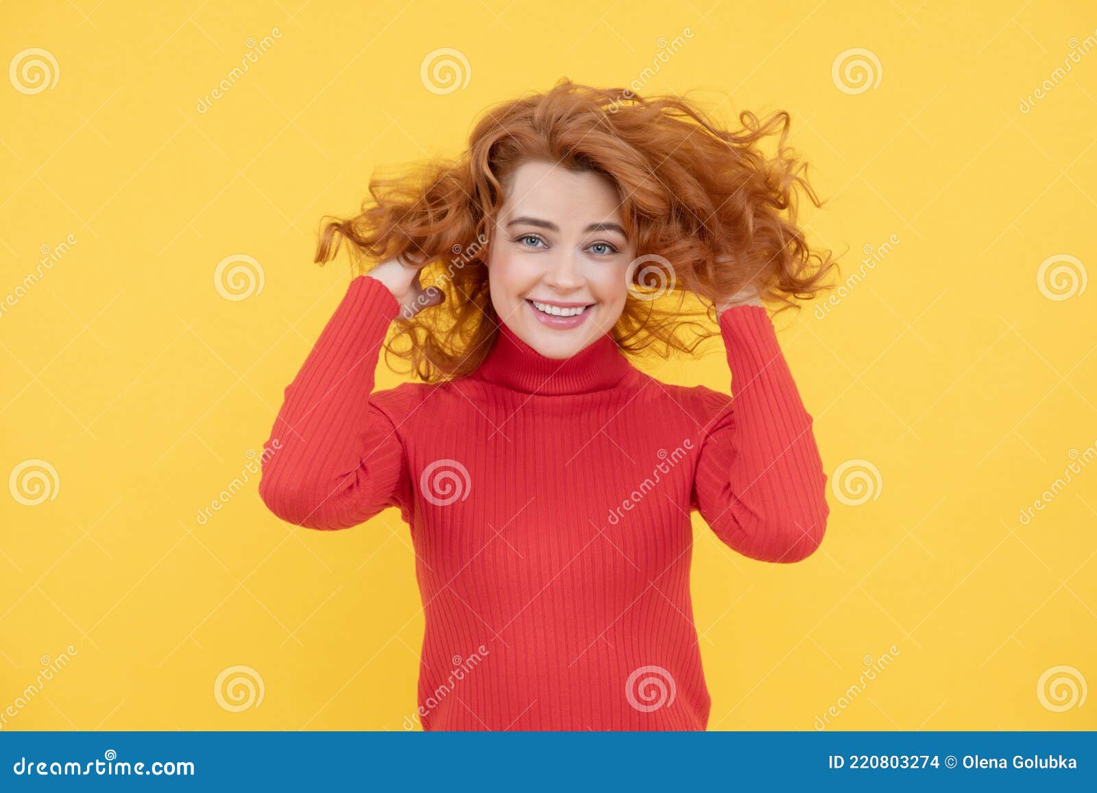 Portrait Of Beautiful Cheerful Redhead Girl Curly Hair Smiling Laughing