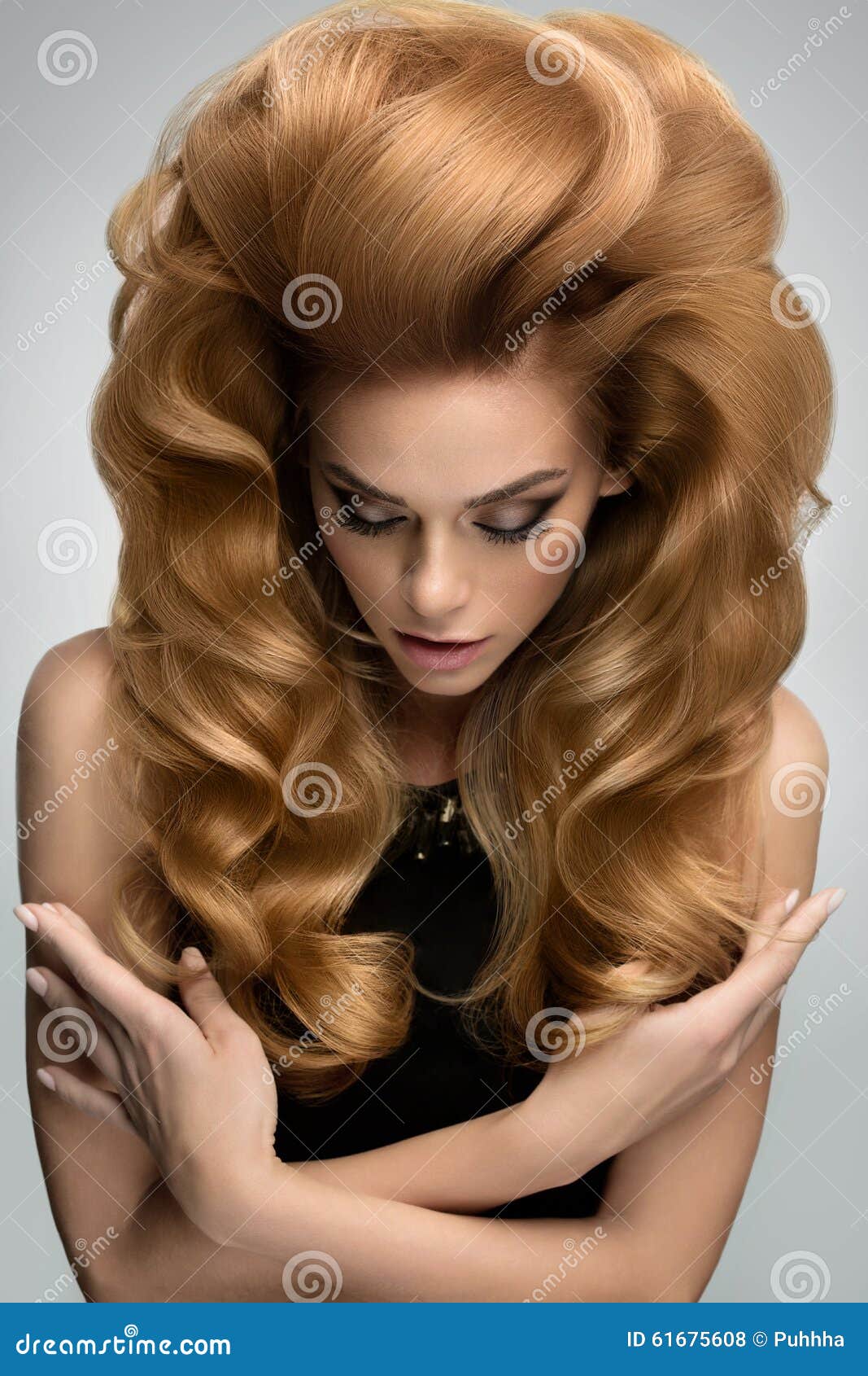 Hair Volume Portrait Of Beautiful Blonde With Long Wavy Hair Stock